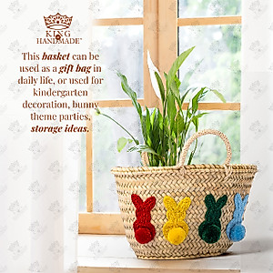 Personalized Easter Basket - Handmade Bunny Baskets with Custom Name, Cute Rabbit and Colorful Pompoms for Kids - Perfect for Easter Egg Hunt, Storage Candies, Spring Birthdays and Baby Showers