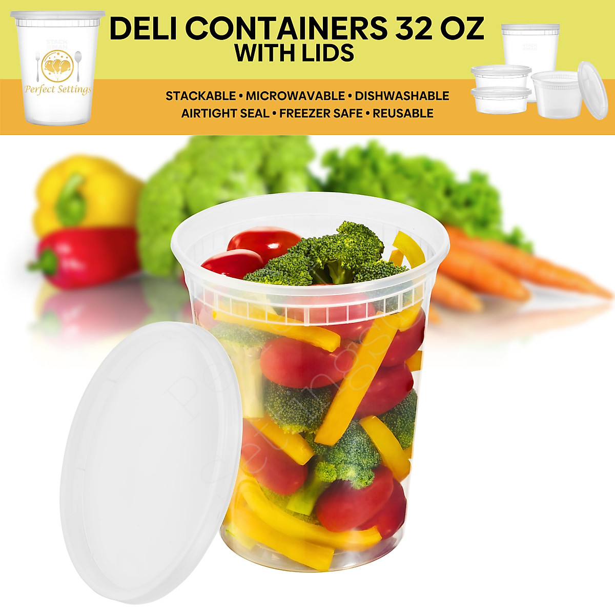 Perfect Settings Plastic Deli Containers with Lids [44 Sets] Variety Pk 8oz, 16oz & 32oz | Leakproof, Freezer Safe Soup & Food Storage | Microwavable Food Containers with Lids