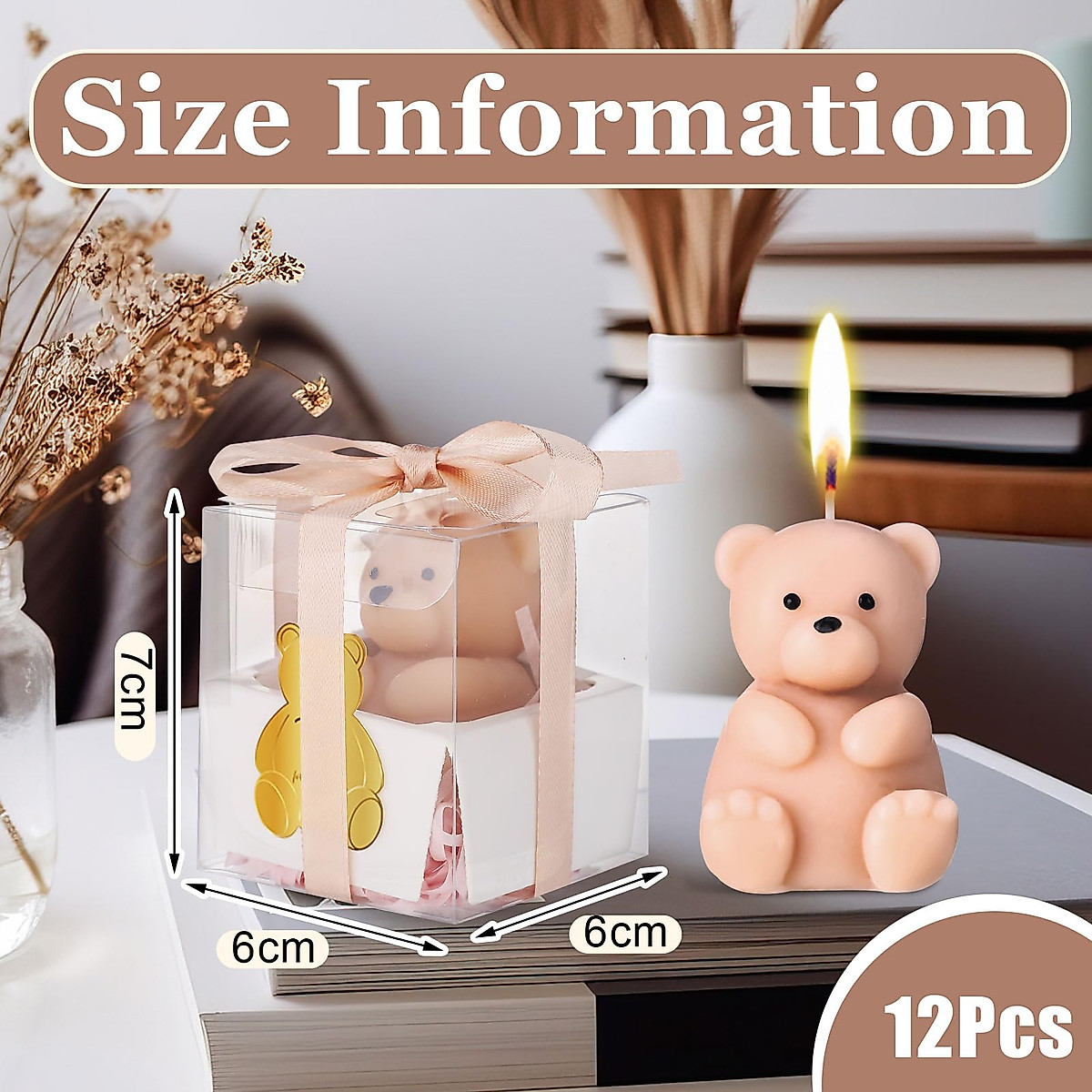 MTLEE 36 Pcs Baby Shower Favors Includes 12 Bear Candles with 12 Bear Shaped Acrylic Cards and 12 Clear Gift Boxes Filled with Raffia Grass for Baby Shower Gifts Birthday Gift Wedding(Pink)