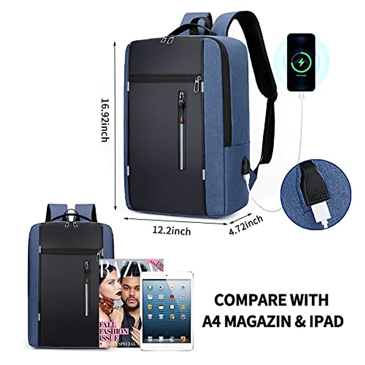 ZGWJ Laptop Backpack with USB Charging Port for Men & Women Fits 15.6 Inch Notebook. Lightweight Water Resistant Clean Design, Sleek for Travel and Daily Business Use Blue