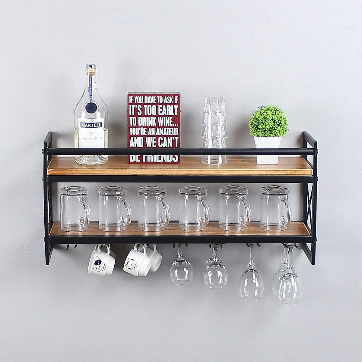 OISSIO Industrial Stemware Rack,Wine Rack Wall Mounted with Wood Shelves,2 Tier Stemware Storage with 7 Stem Glass Holder for Wine Glasses,Mugs,Home Decor,Black(30 inch)