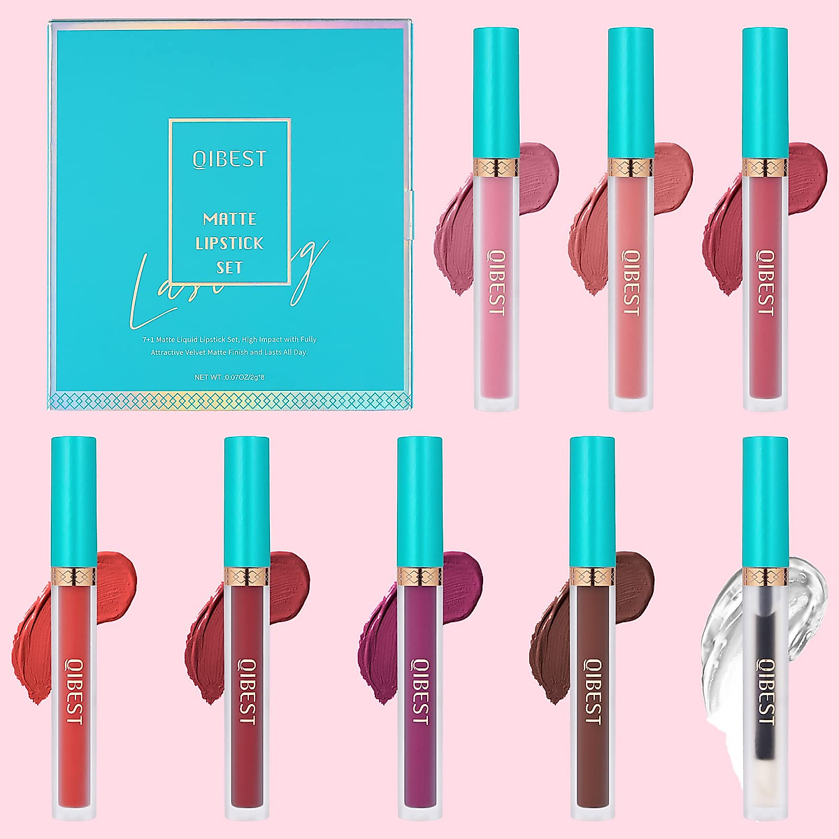 QiBest 7 Matte Liquid Lipstick with 1 Lip Plumber Gloss Makeup Set Long Lasting High Pigmented Velvety Waterproof Nude Lipgloss Kit Make Up Gift Sets for Women Girls