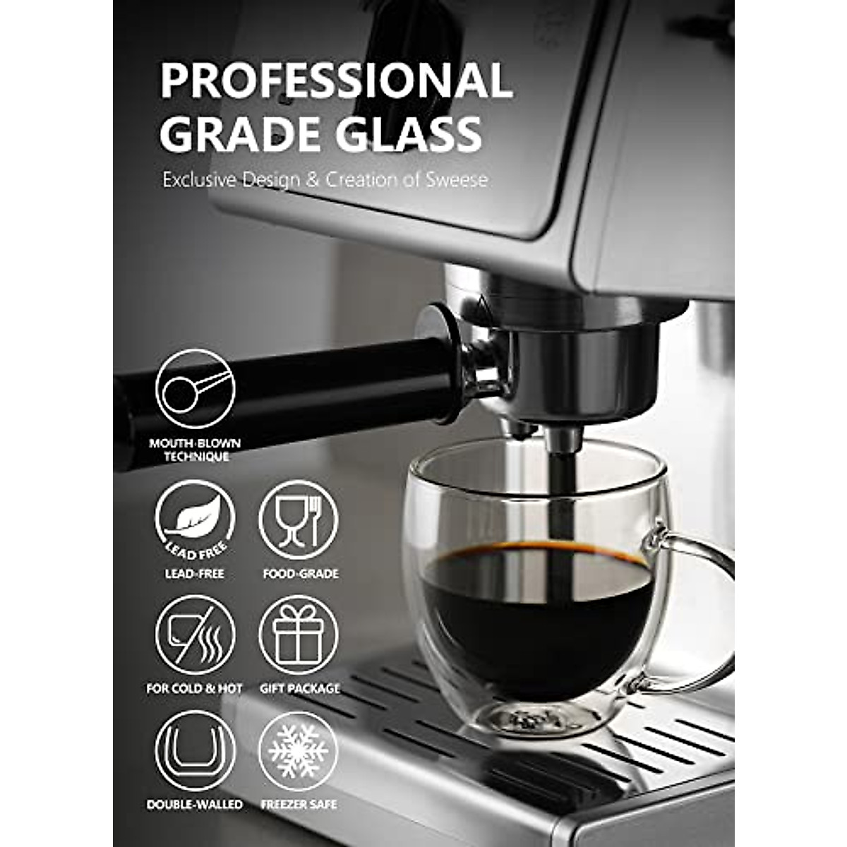 Sweese 8 oz Glass Coffee Cups - Double Wall Insulated Glass Coffee Mugs Set with Handle, Perfect for Espresso, Latte, Cappuccino, Set of 4-415.101