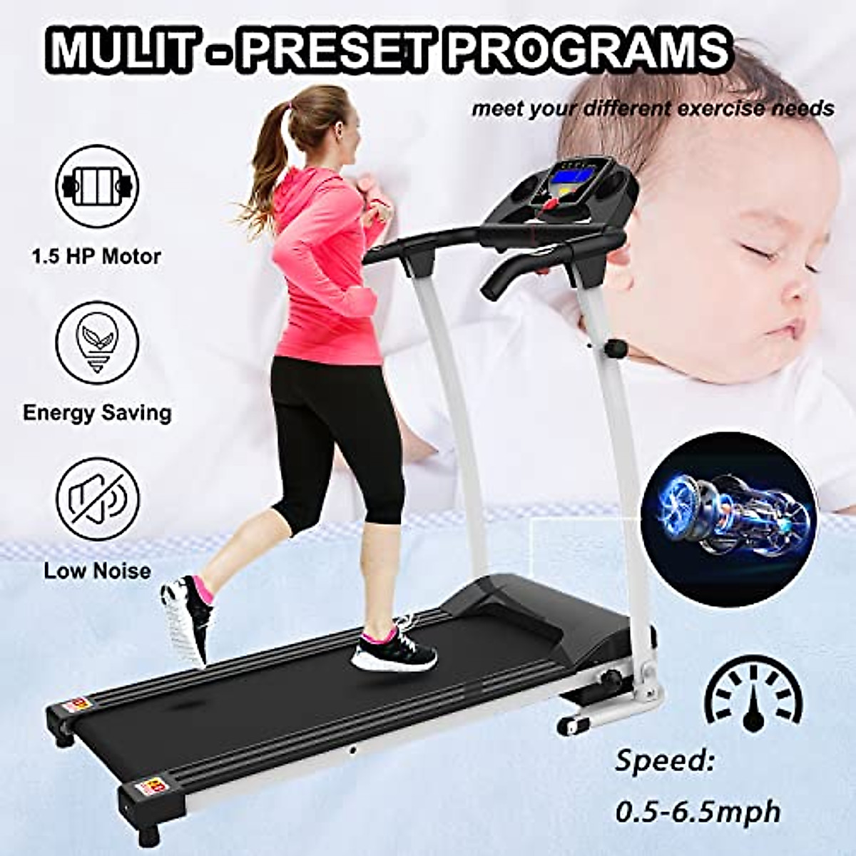 FYC Folding Treadmill for Home Portable Electric Treadmill Running Exercise Machine Compact Treadmill Foldable for Home Gym Fitness Workout Jogging Walking, White
