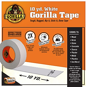 Gorilla White Duct Tape, 1.88" x 10 yd, White, (Pack of 2)