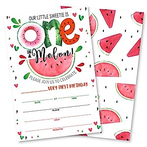 Red Watermelon Party, One in a Melon, 1st Birthday Invitation, 20 Invitations and Envelopes, Birthday party Invitations, Birthday Party Supplies.(040-1)