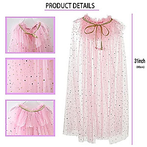 COMMINY Princess Cape Set Princess Dress Up Birthday Party Accessories Pink Cloak with Tiara Crown Mace Wig Gloves Necklace Presents for Kids Little Girls