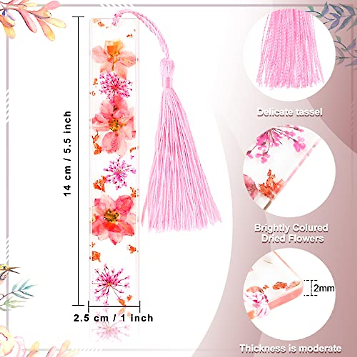 Dried Flower Resin Bookmarks and Book Page Holder Transparent Floral Page Marker with Tassels Handmade Thumb Ring Page Holder Personalized Reading Accessories Gift for Women Girls Adults Kids