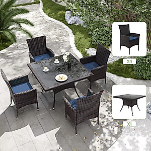 Rwnnad 5-Piece Patio Outdoor Dining Set, Patio Wicker Furniture Dining Sets of 4 Rattan Chairs with Soft Cushions and Square Table with Umbrella Cutout, Navy Blue
