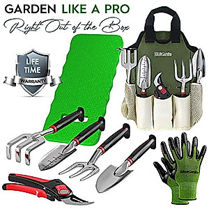 8-Piece Gardening Tool Set-Includes EZ-Cut Pruners, Lightweight Aluminum Hand Tools with Soft Rubber Handles- Trowel, Bamboo Gloves, Garden Tote, High Density Comfort Knee Pad Gardening Gifts Tool Set