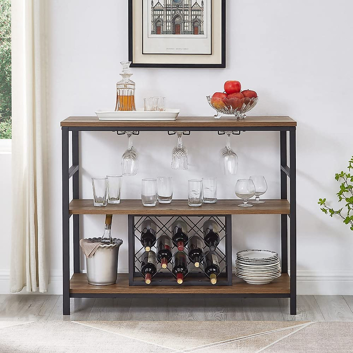 FOLUBAN Wine Rack Table with Glass Holder and Wine Storage, Industrial Rustic Wood and Metal Bar Buffet Cabinet, Oak