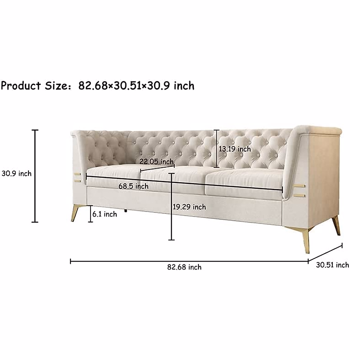 kevinplus 82.6'' Chesterfield Sofa Couch for Living Room, Classic Modern Velvet 3-Seat Upholstered Sofa Couch for Apartment Bedroom Office, Strong Gold Metal Legs, Light Grey