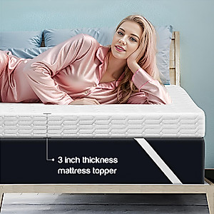 PECASOY 3 Inch Cooling Memory Foam Mattress Topper, High Density Supportive Foam Matress Topper with Washable Removable Bamboo Cover, Hypoallergenic, Bed Mattress Pad Queen Size