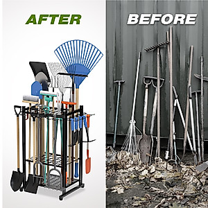 Sttoraboks Garden Tool Organizer with Storage Hooks, Yard Tool Tower Rack for Garage Organization and Storage, Up to 50 Tools, Heavy Duty Steel Garden Tool Stand for Garage, Outdoor, Home, Black