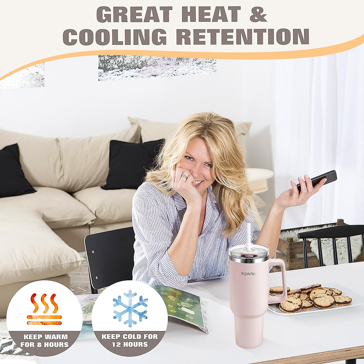 WYHVAND 40 oz Tumbler with Handle, Stainless Steel Insulated Tumbler with Lid and Straw Keeps Drinks Cold and Hot, The Best Birthday Gifts for Family, Friends -Rose Quart