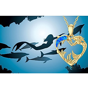 YDD 14K Solid Gold Mermaid Necklace for Women Dolphin Opal Necklace Heart Pendant Necklace Ocean Necklace 16''-18''