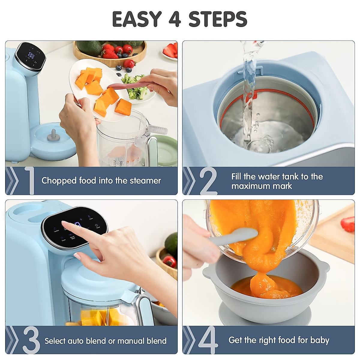 Awesmom Baby Food Maker, 5 in 1 Baby Food Processor, Smart Control Multifunctional Steamer Grinder with Food Pouches, Puree Blender, Auto Cooking & Grinding, Baby Food Warmer Mills Machine, Blue