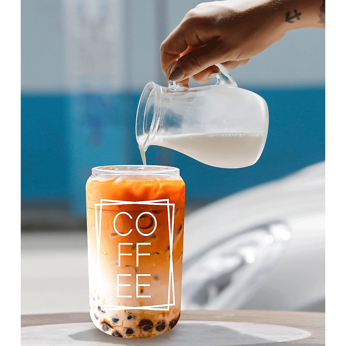 BFTETYU 16oz Iced Coffee Cup with Bamboo Lids and Straw, Beer Can Shaped Glass Mason Jar Cups, Coffee Glass Can Shaped Drinking Glasse, Cute Glass Cup for Boba, Water, Smoothie, Tea