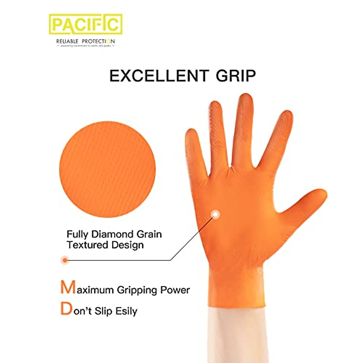 PACIFIC PPE Strength Nitrile Industrial Orange Gloves, 8 Mil, Diamond Texture Disposable Heavy-Duty, Powder Free, Large, 100 Count