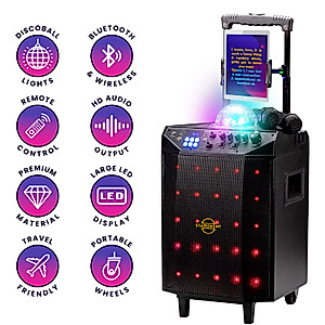 Starument Portable Karaoke Machine for Adults & Kids Complete Karaoke System Includes Bluetooth Speakers on Wheels, 2 Bluetooth Microphones, Disco Ball, LED Speaker Light, Cell Phone Stand & USB Aux