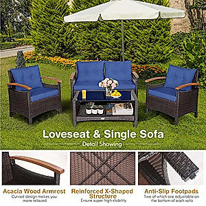 Tangkula 4 Piece Patio Rattan Conversation Set, Outdoor Wicker Sofa Set W/2-Layer Coffee Table, Backrest & Seat Cushions, Acacia Wood Curved Armrests, Suitable for Poolside, Backyard, Deck (1, Navy)