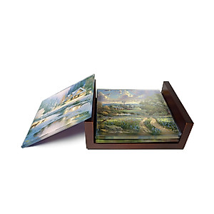 Thomas Kinkade - Seasons Scenes – Summer Spring Winter Fall - Set of Four 4” x 4” Glass Coasters - Comes with Stylish Modern Wooden Coaster – for Gifting and Collecting