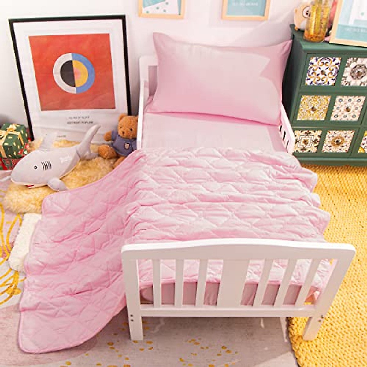 NTBAY 4 Piece Ultra Soft and Breathable Toddler Bedding Set, Microfiber Crib Sheet Set, Includes Quilted Comforter, Fitted Sheet, Flat Top Sheet and Envelope Pillowcase for Boys and Girls, Pink