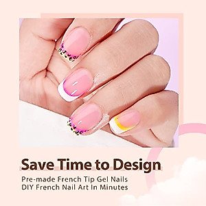 BTArtboxnails French Gel Nail Tips -150Pcs French Tip Press on Nails Pink Extra Short Square 3 in 1 X-coat Tips Pre-applied Tip Primer & Base Coat, No Need to File Fake Nails for Nail Art DIY 15 Sizes