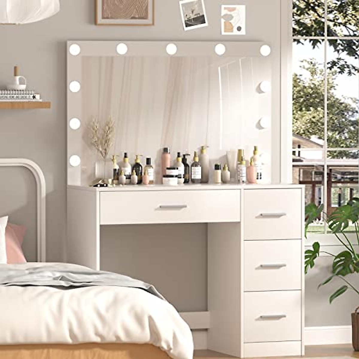 Irontar Makeup Vanity Table, Makeup Table with Large Mirror and 11 LED Lights, Brightness Adjustable, Dressing Table Desk with 4 Drawers, Bedroom Vanity Desk for Girls, Women, White WDT002W