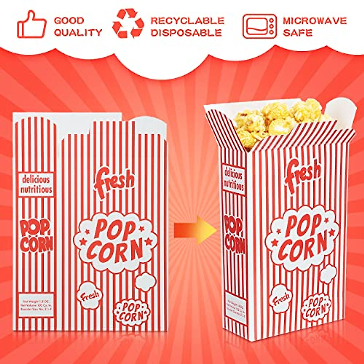 Potchen 200 Pieces Popcorn Boxes Red and White Striped Close Top Popcorn Container 1.25 oz for Movie Party and Theater Night Supplies