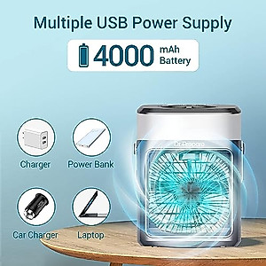 Dr. Prepare Portable Air Conditioner Rechargeable Personal Evaporative Air Cooler with 3 Powerful Speeds, Timer and 7 Color Night Light, Small Desk Cooling Fan for Room, Home, Office, Camping