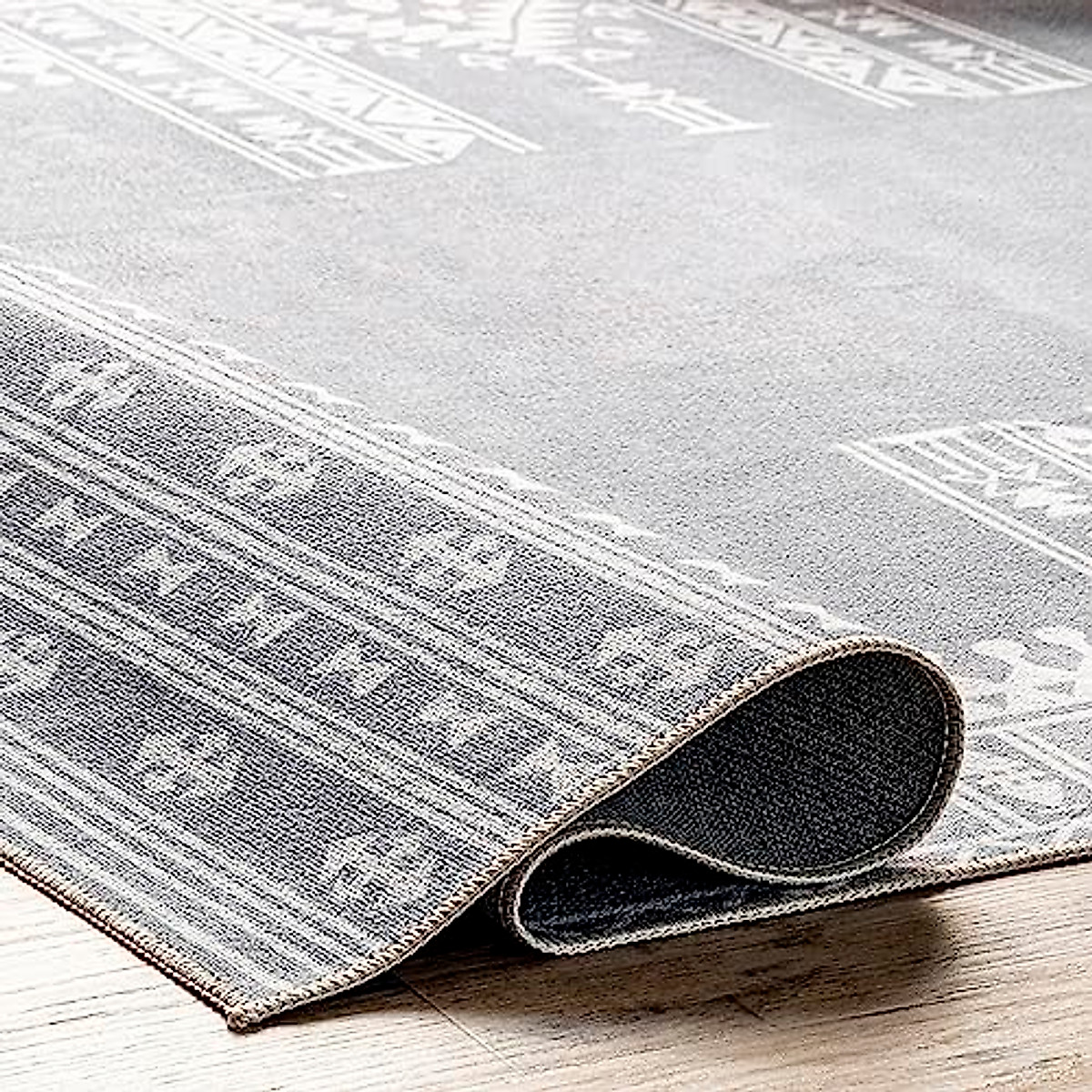 nuLOOM Joelle Machine Washable Tribal Geometric Border Ultra Thin Area Rug, 8' x 10', Light Grey