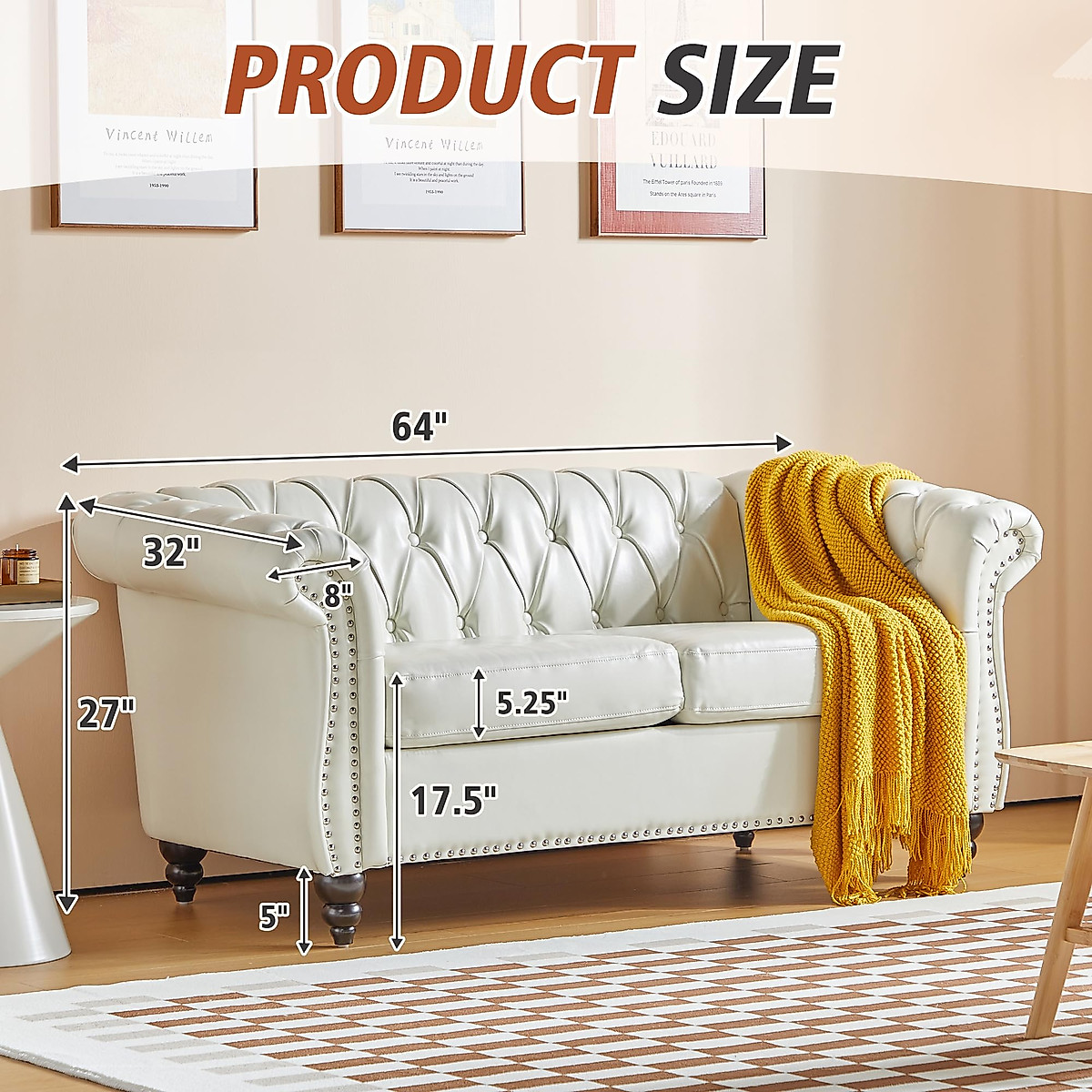 3 Piece Living Room Set, Chesterfield Faux Leather Sofa Loveseat Couch Chair with Scroll Arms and Nailhead for Living Room, Office (White)