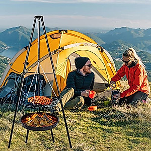 BestYiJo Hanging Tripod Camping Stove, Outdoor Tripod Barbecue Stove Height Adjustable Campfire Cooking Pot for Barracks Garden BBQ, with Barbecue Net and Grill