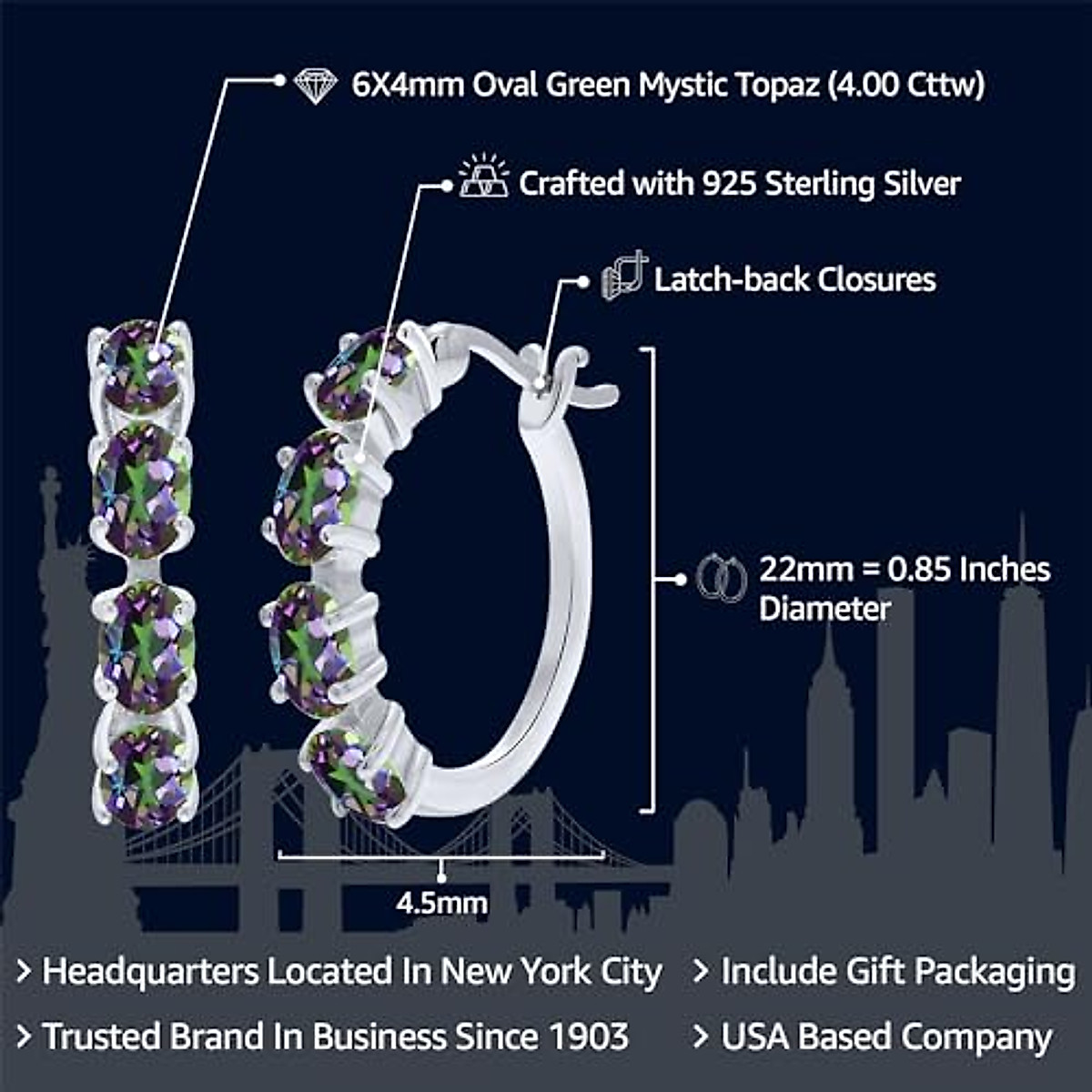 Gem Stone King 925 Sterling Silver Oval Gemstone Birthstone Hoop Earrings | Oval 6X4MM | 22MM | 0.85 Inch Hoop Earrings For Women