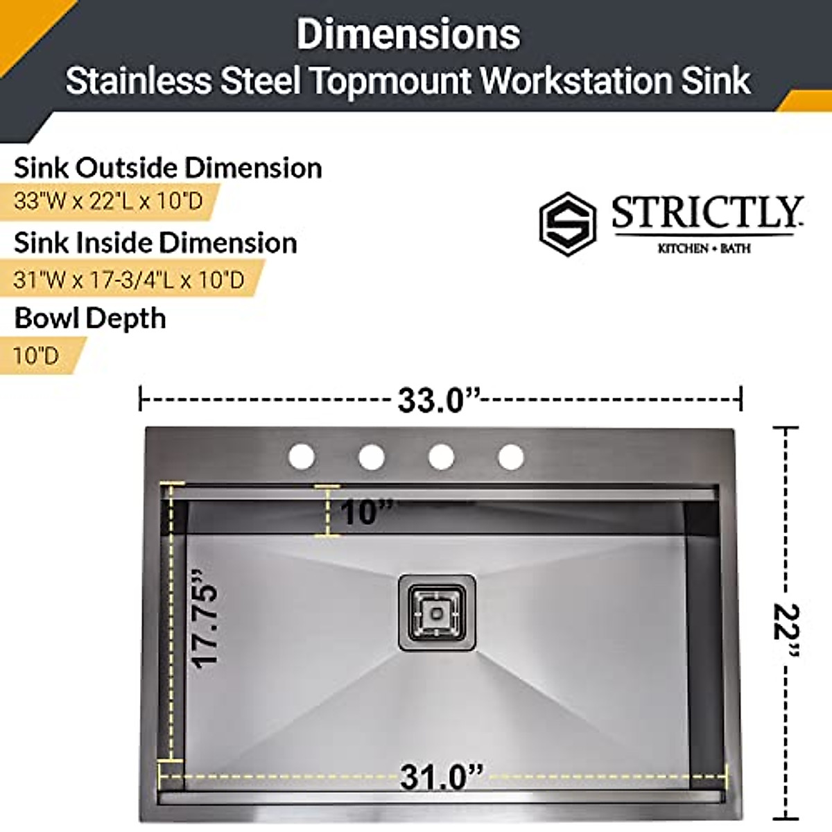 Strictly Sinks 33” Topmount Kitchen Workstation Sink-Gunmetal Black Single Bowl 16 Gauge Stainless Steel Drop In Sink, Acrylic Cutting Board,Cutting Board with Strainer Bowl & Bottom Protector Grid