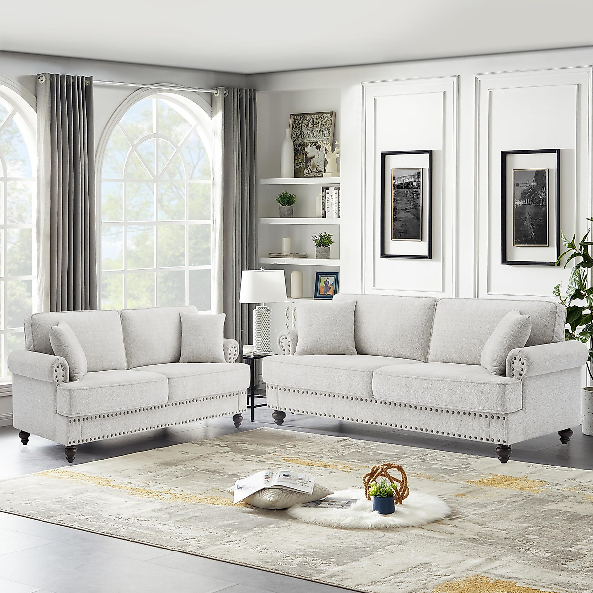Asucoora Rolled Arm Chenille Upholstered Loveseat, 2-Seater Sofa Couch with Nailhead Trim and 2 Pillows Gray