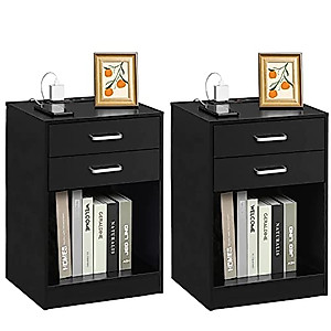 Tiptiper Nightstand Set of 2 with Charging Station,Black Night Stands for Bedroom,End Table Side Cabinet