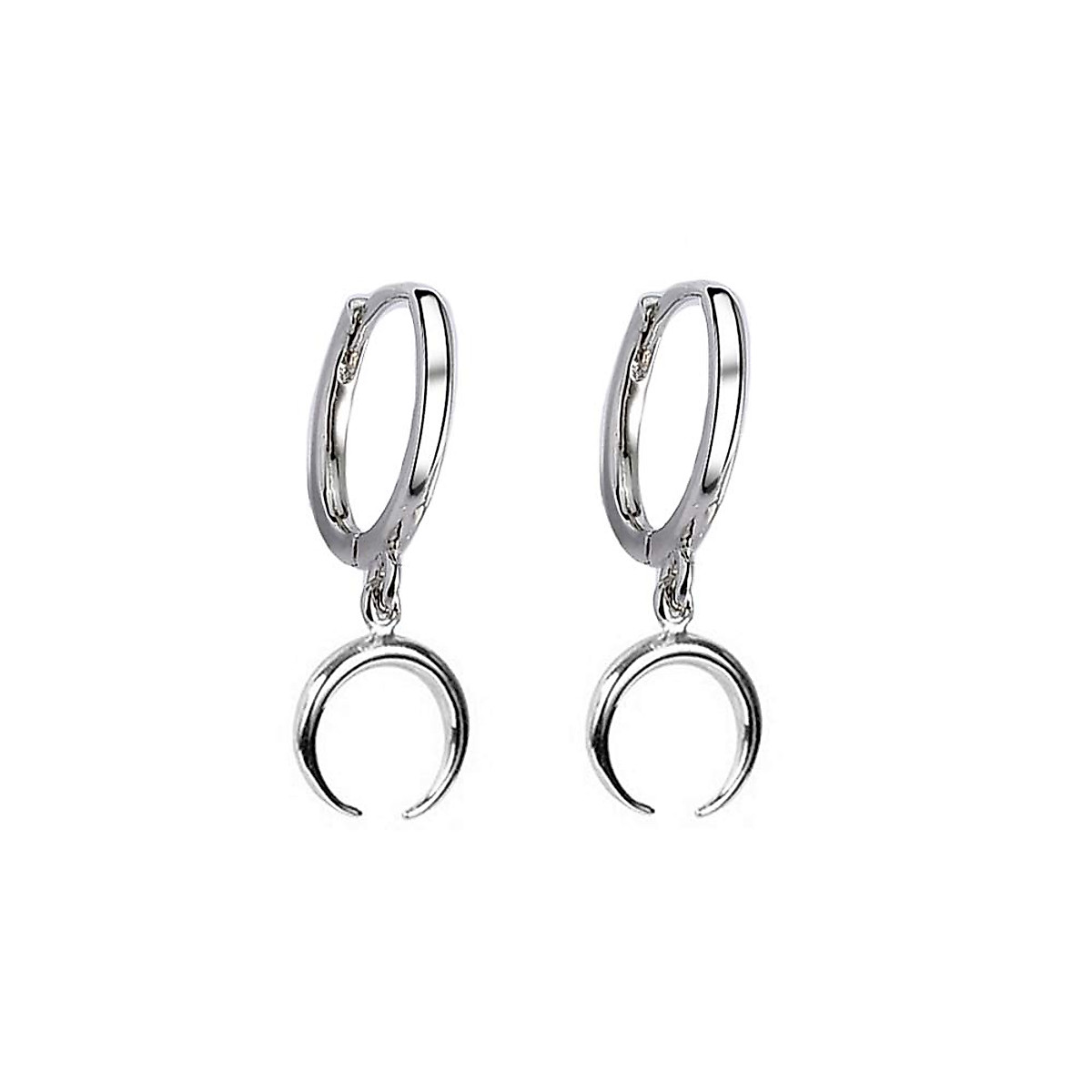 Tiny Moon Dangle Hoop Earrings for Women Girls S925 Sterling Silver Charms Hoops Crescent Half Moon Horn Drop Tiny Cuff Cartilage Helix Minimalist Polished Earrings Fashion Jewelry (Silver)
