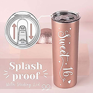 Onebttl Sweet 16 Gifts for Girls, Female, Her - Sweet Sixteen - 20oz/590ml Stainless Steel Insulated Tumbler with Straw, Lid, Message Card - (Rose Gold)
