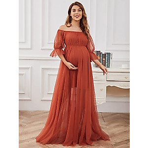 Ever-Pretty Women's Off-Shoulder A-line Tulle Puff Sleeve Maxi Maternity Dress for Baby Shower Burgundy US4