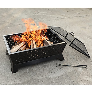 PHI VILLA Outdoor Wood Burning Fire Pits, Rectangular Deep Bowl Large Patio Firepit with Spark Screen, Poker & Metal Grate, 34" x 26"