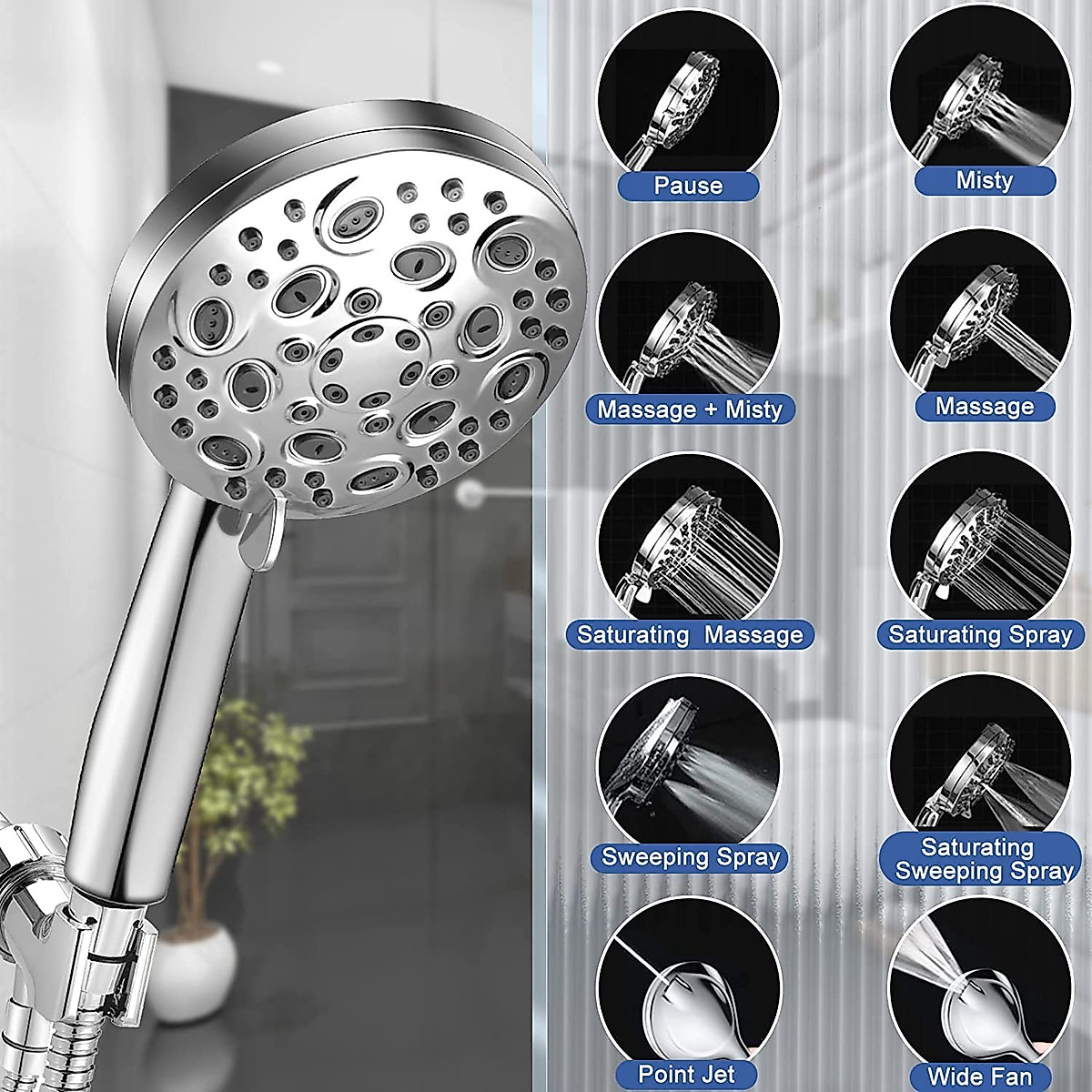 Filtered Shower Head with Handheld, Likense 10 Modes Spray Combo High Pressure Detachable Water Softener Showerhead with 60’’ Hose, Minerals Stones Replacement Filters for Hard Water