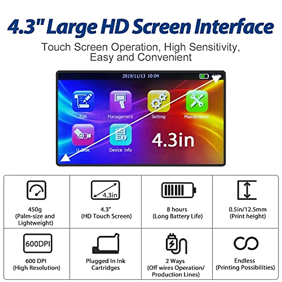 BENTSAI BT-HH6105B3 Handheld Inkjet Printer with 4.3 Inch HD LED Touch Screen Portable Coding Machine for Label, Logo, Date, Variable Code Text Number on Carton Wood Cloth Stone Pipe Plastic