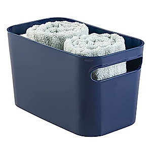 mDesign Deep Plastic Bathroom Vanity Storage Bin with Handles - Organizer for Hand Soap, Body Wash, Shampoo, Lotion, Conditioner, Hand Towel, Hair Brush, Mouthwash - 10" Long, 8 Pack - Navy Blue