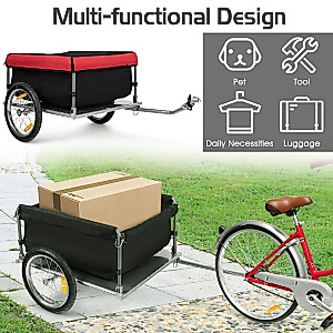 Goplus Bike Cargo Trailer, Foldable Bicycle Trailer with 16” Wheels, Removable Cover, Oxford Fabric, Folding Frame Quick Release, Bike Cart Bike Wagon Trailer for Luggage, Tools, Groceries