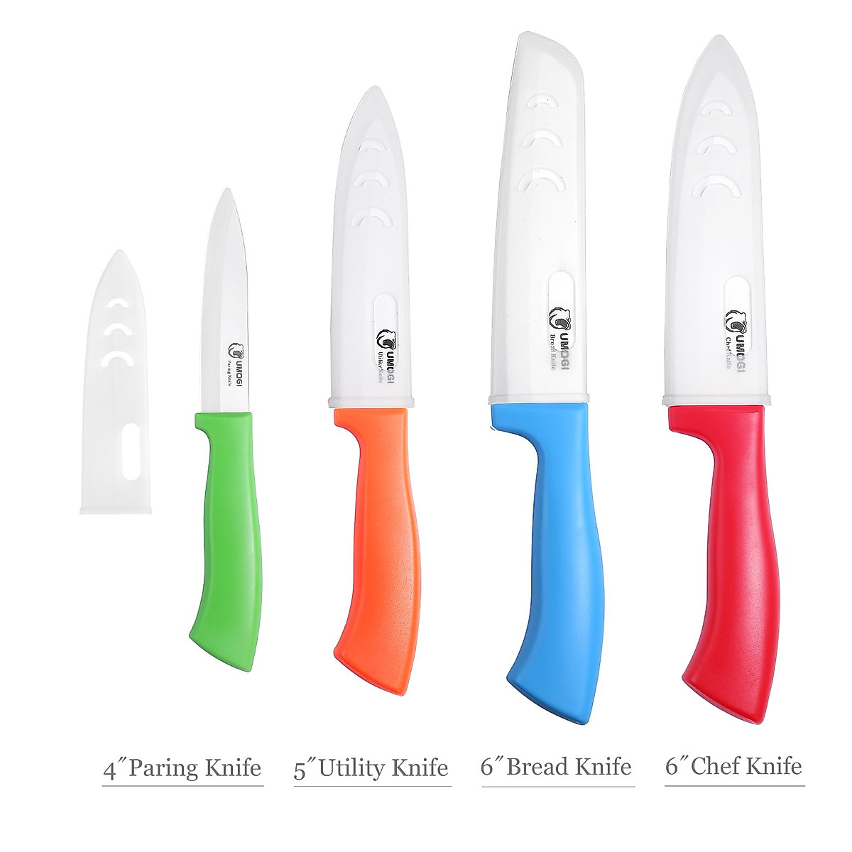 UMOGI Ceramic Kitchen Knife Set with Covers in Gift Box, Healthy Stain Resistant & Non-Rust, Dishwasher Safe - Colorful Knife Set Include Chef, Serrated Bread, Utility & Paring Knife
