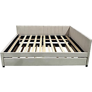 UOCFYK Full Upholstered Daybed with Trundle and Safety Fence,Sofa Bed Frame w/Put Out Sofa Bed Design for Guest Room, Bedroom,No Box Spring Needed, Beige