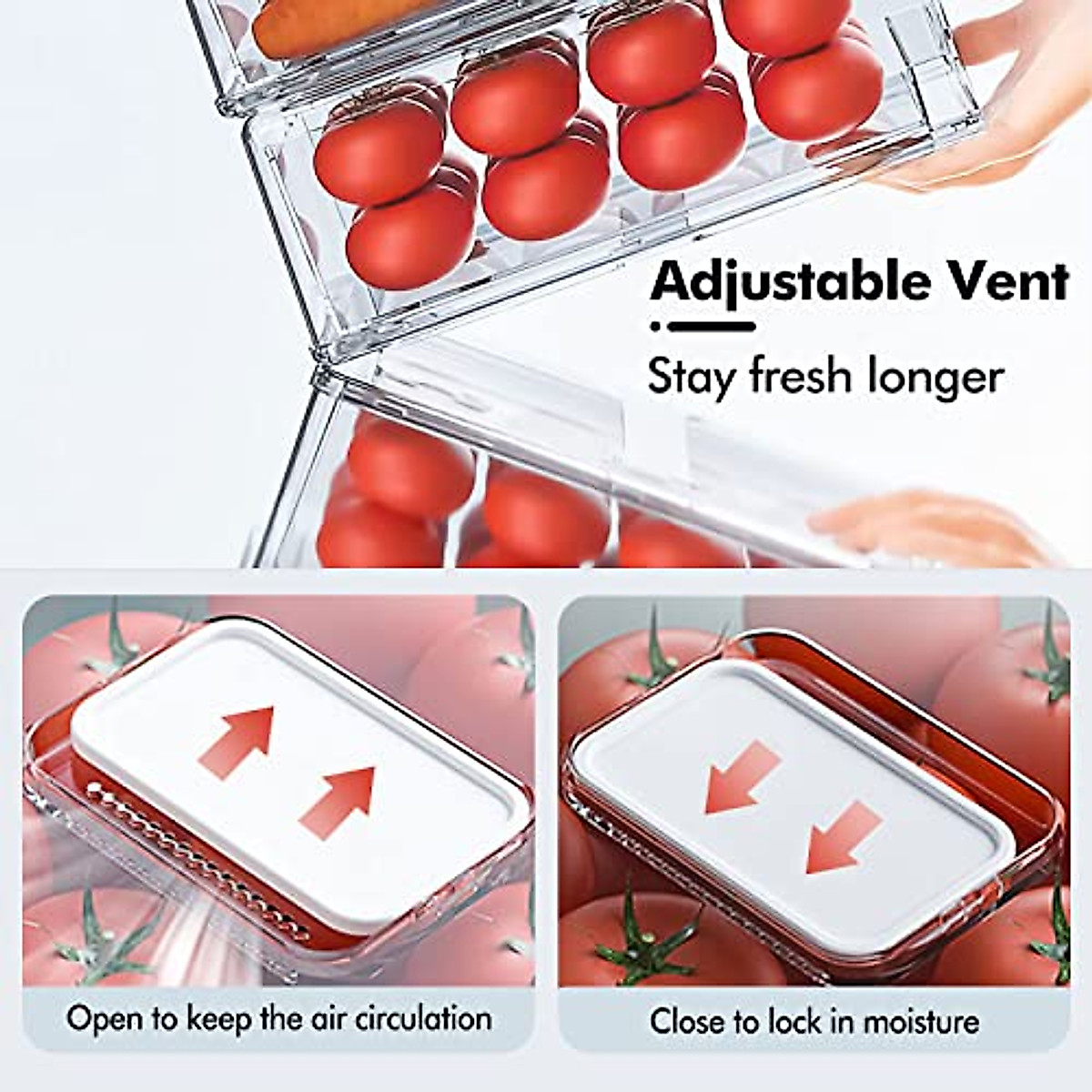 elabo 32 Grid Large Capacity Egg Holder for Refrigerator, Stackable Refrigerator Organizer Drawers with Removable Drain Tray, Fridge Organizer Bins, Pull Out Food Storage Container Bins with Drawer