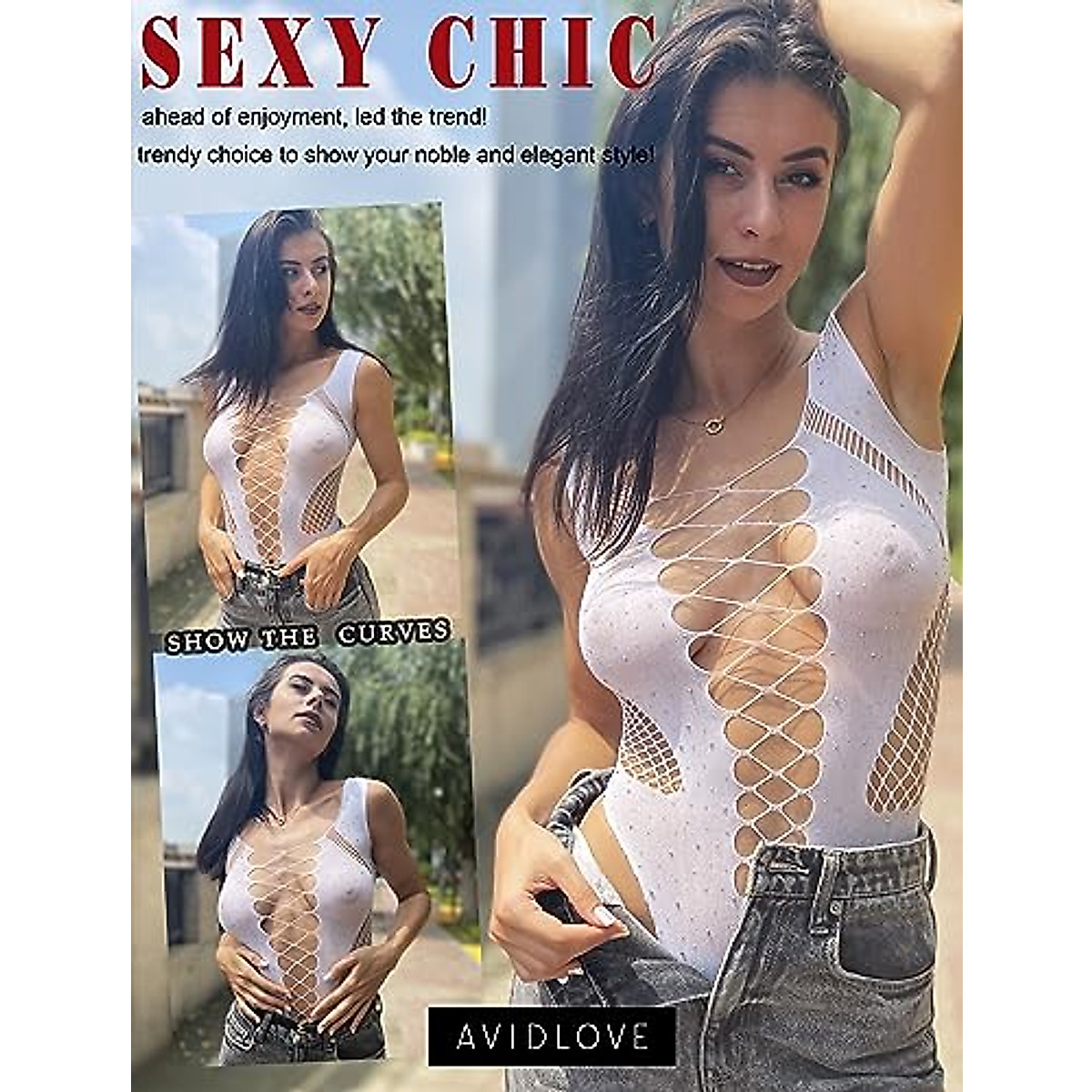 Avidlove White Rhinestone Bodysuit Sparkle Bodysuit Fishnet Lingerie for Women Sexy Mesh Body Suit Teddy Lingerie